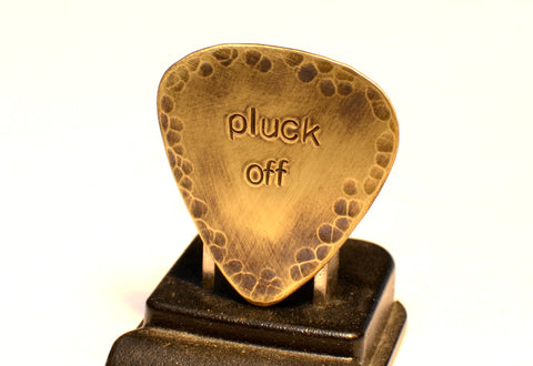 Pluck Off Rustic Brass Guitar Pick with Brushed Antiqued Patina and Ha ...